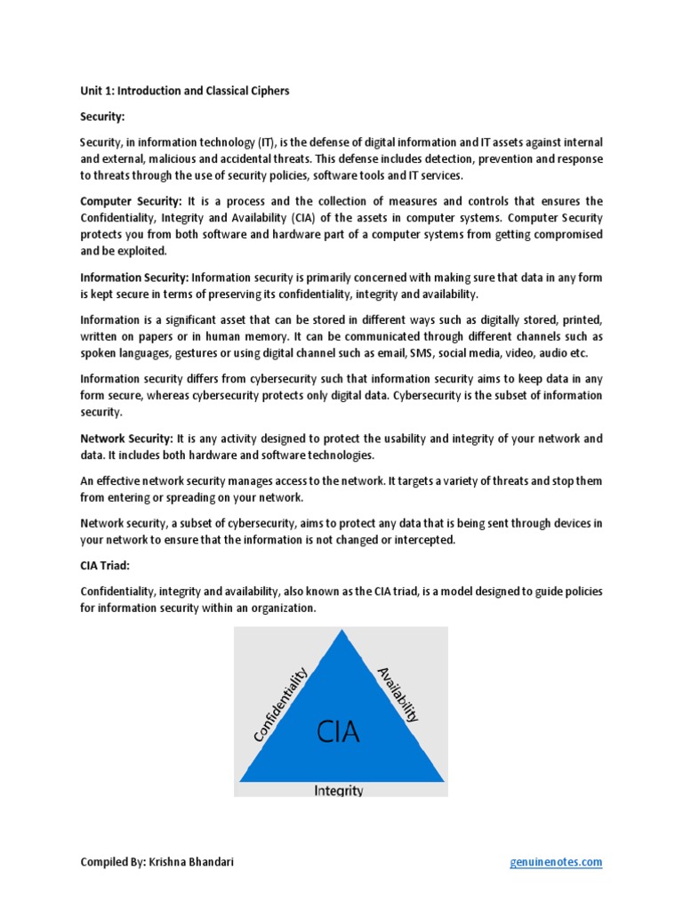 Unit 1 Introduction and Classical Ciphers | PDF | Information Security | Encryption