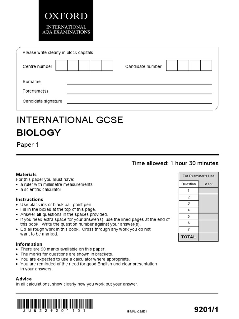 9201 Question Paper1 International Gcse Biology Jun22 | PDF | Virus ...