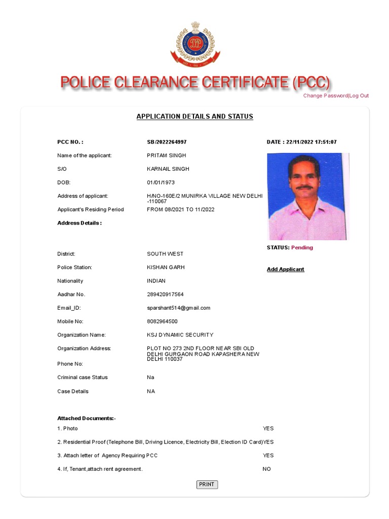 Application Details and Status: PCC No.: SB/2022264997 DATE: 22/11/2022 ...