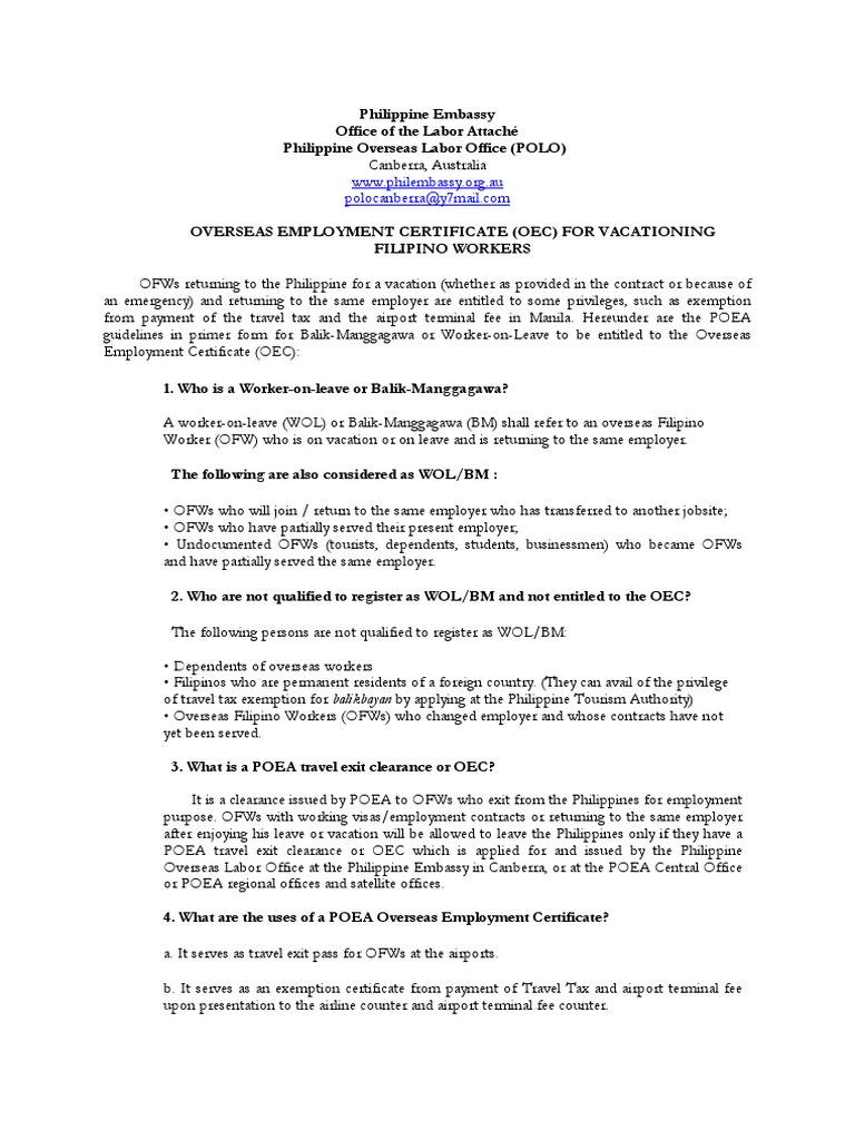 Oec For Vacationing Filipino Workers | PDF | Human Migration | Economy ...