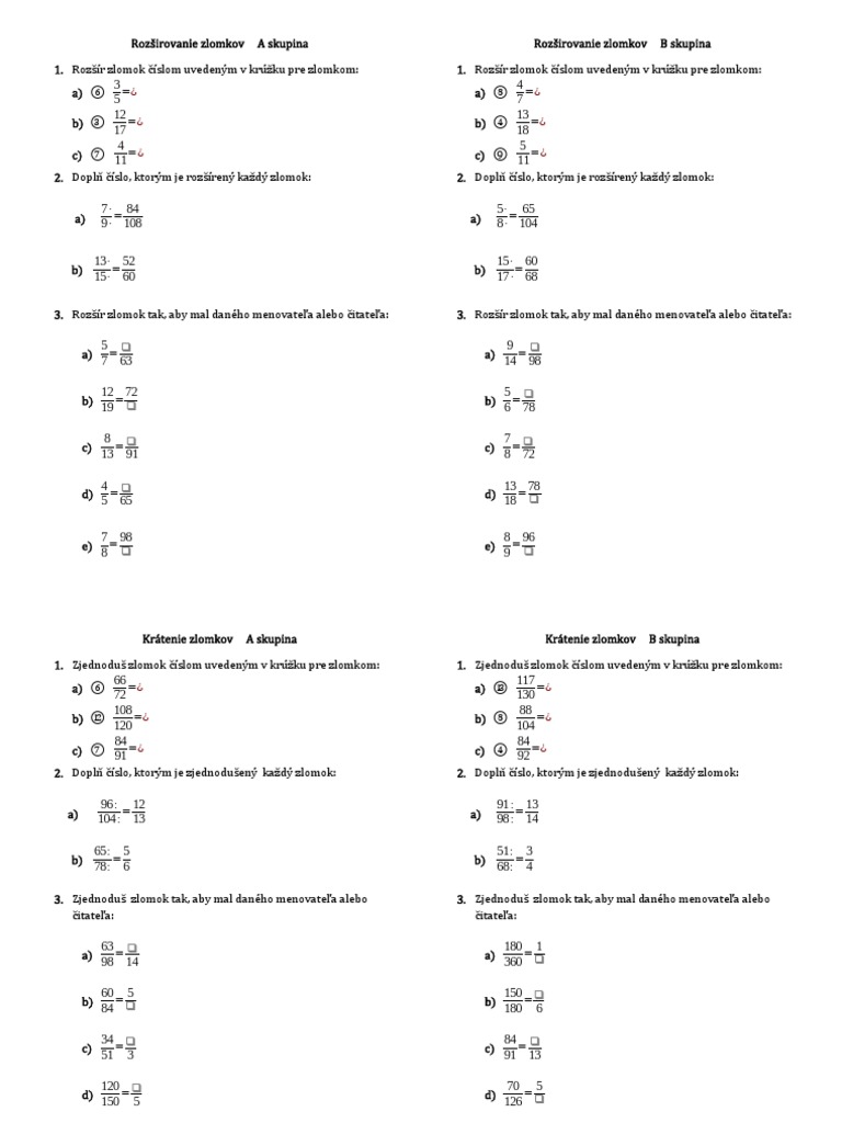 Rozširovanie A Krátenie Zlomkov | PDF