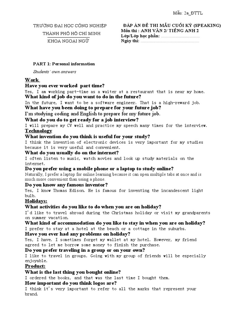 Speaking Exam Sample Questions and Answers | PDF