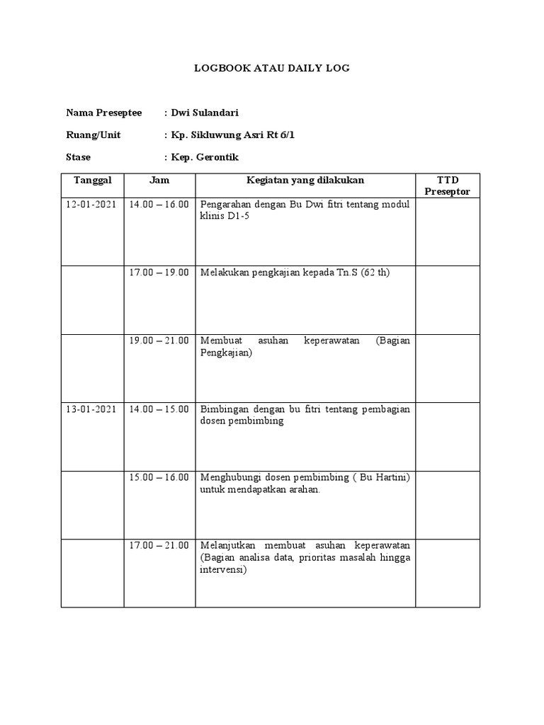 LOGBOOK ATAU DAILY LOG - Kep Gerontik | PDF