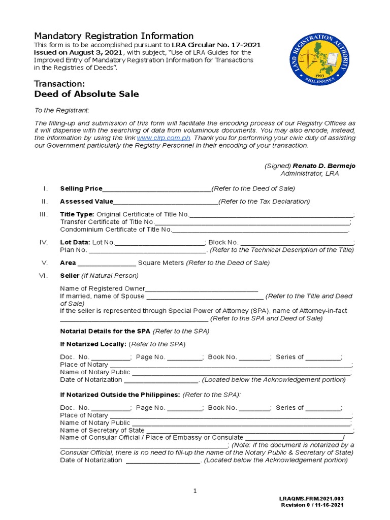 Deed of Absolute Sale Registration Guide | PDF | Notary Public | Power ...