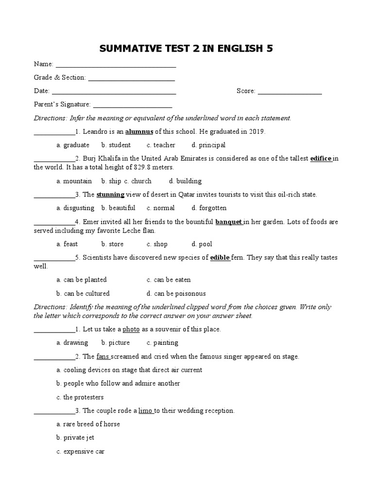 Summative English Test 2 | PDF