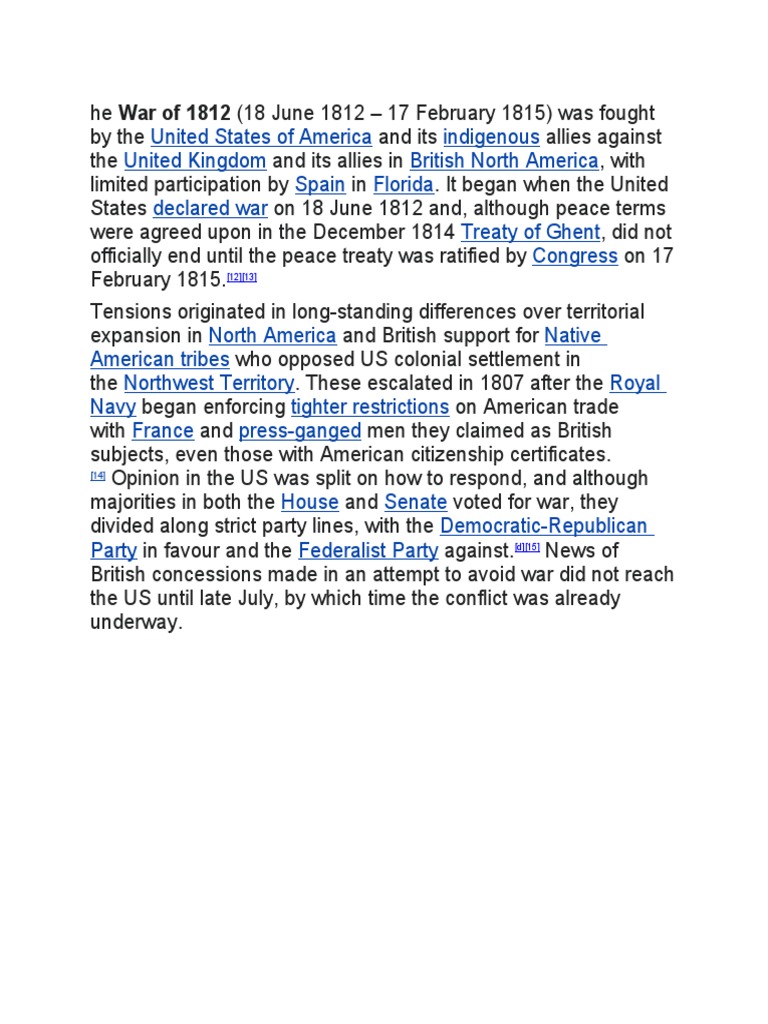 War of 1812: US-British Conflict | PDF