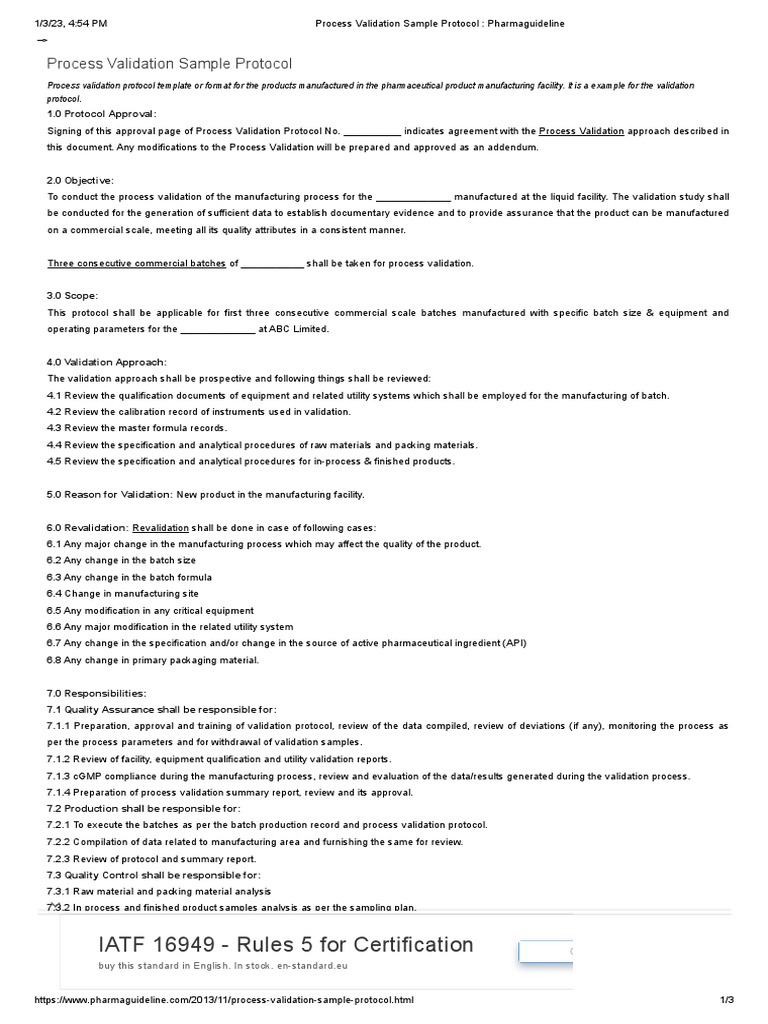 Process Validation Sample Protocol - Pharmaguideline | PDF | Verification And Validation ...