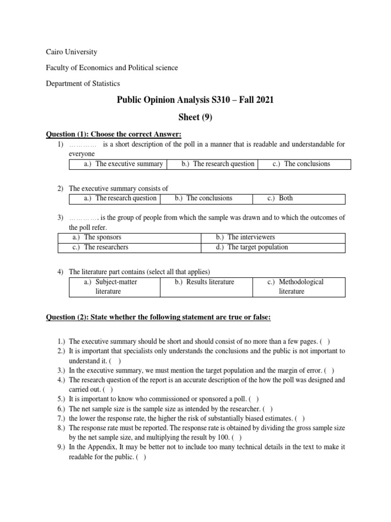 Sheet 9 | PDF | Sampling (Statistics) | Opinion Poll