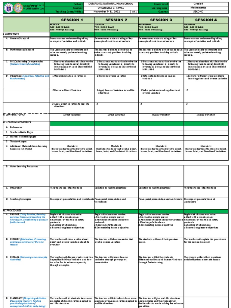 DLL Math 9 q2 | PDF | Teachers | Learning