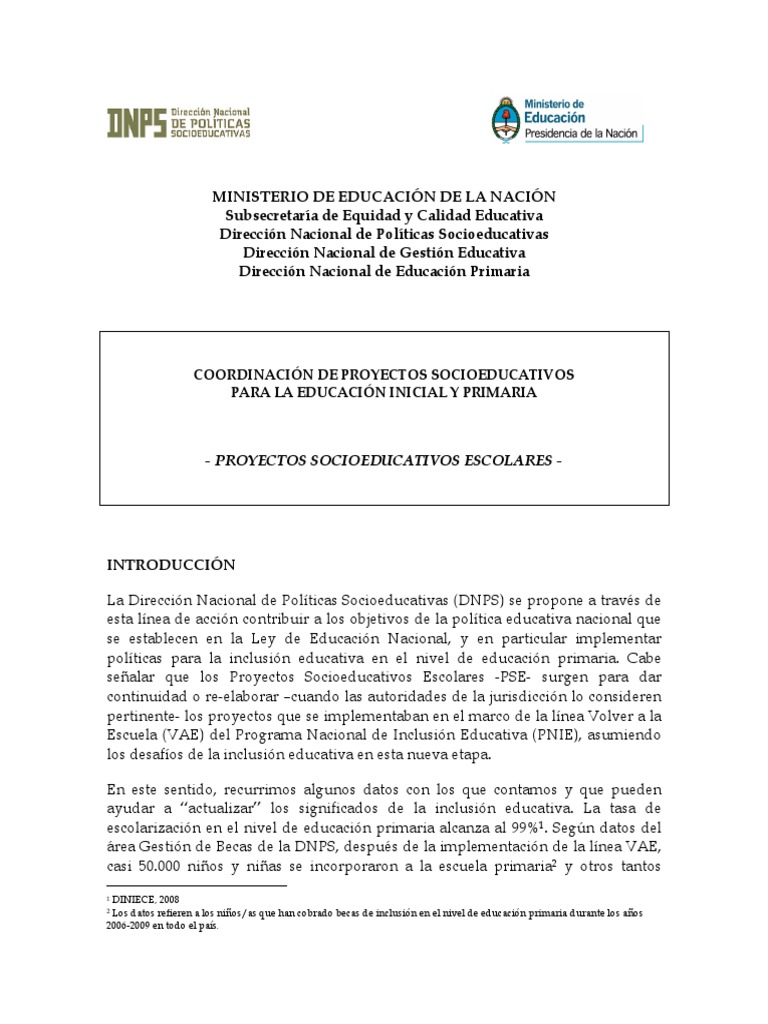 MEN Doc Proyectos Socioeducativos NI y P | PDF | Educación primaria | Inclusión (Educación)