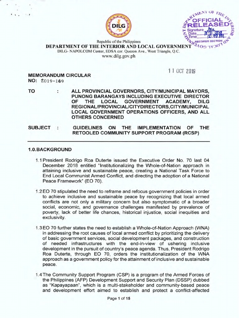 DILG MC NO. 2019-169 Guidelines On The Implementation of The Retooled Community Support Program ...