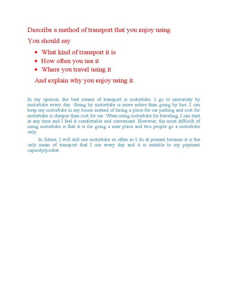 My Favorite Means of Transport: Motorbike | PDF