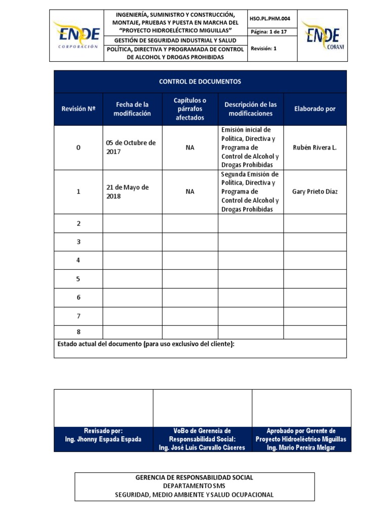 HSO - PL.PHM.004 Directiva, Politica y Programa de Control de Alcohol y Drogas | PDF | Seguridad ...