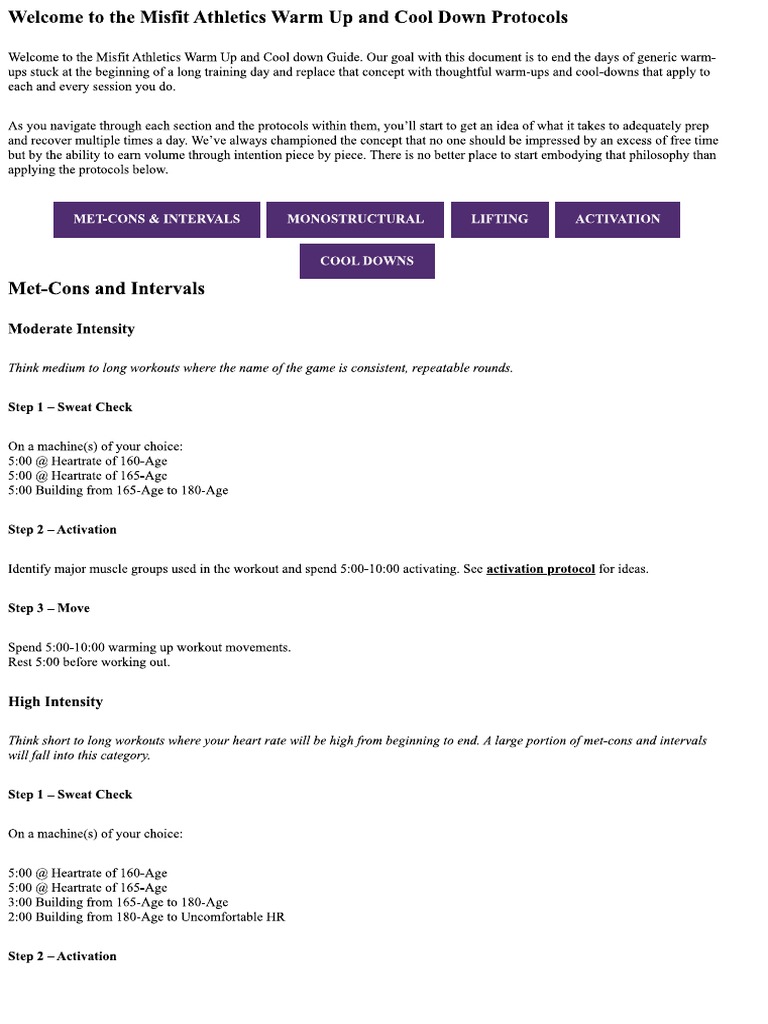 Warm Up and Cool Down Protocol For Crossfit - Misfit Athletics | PDF