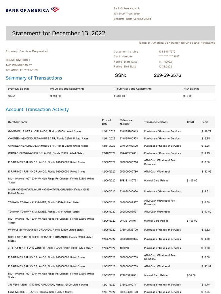 Bank of America Statement | PDF | Credit Card | Debit Card