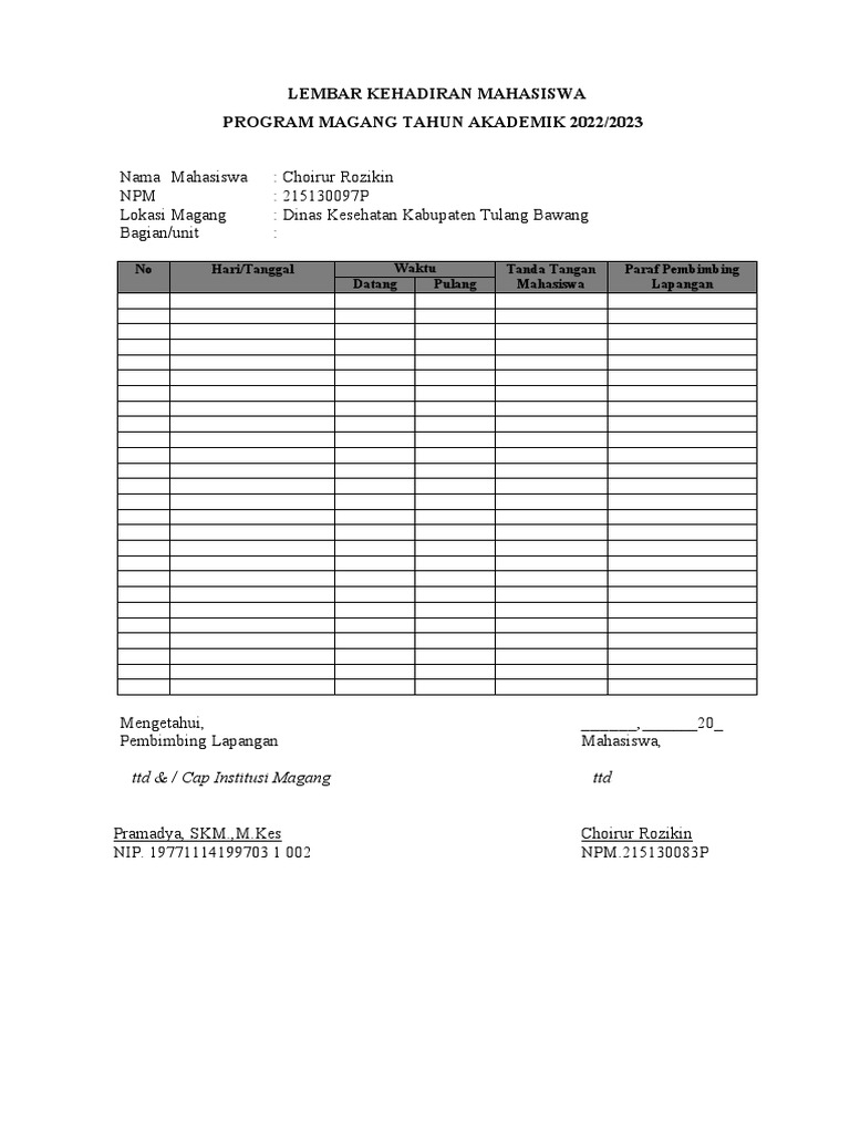 Lembar Kehadiran Rojik | PDF