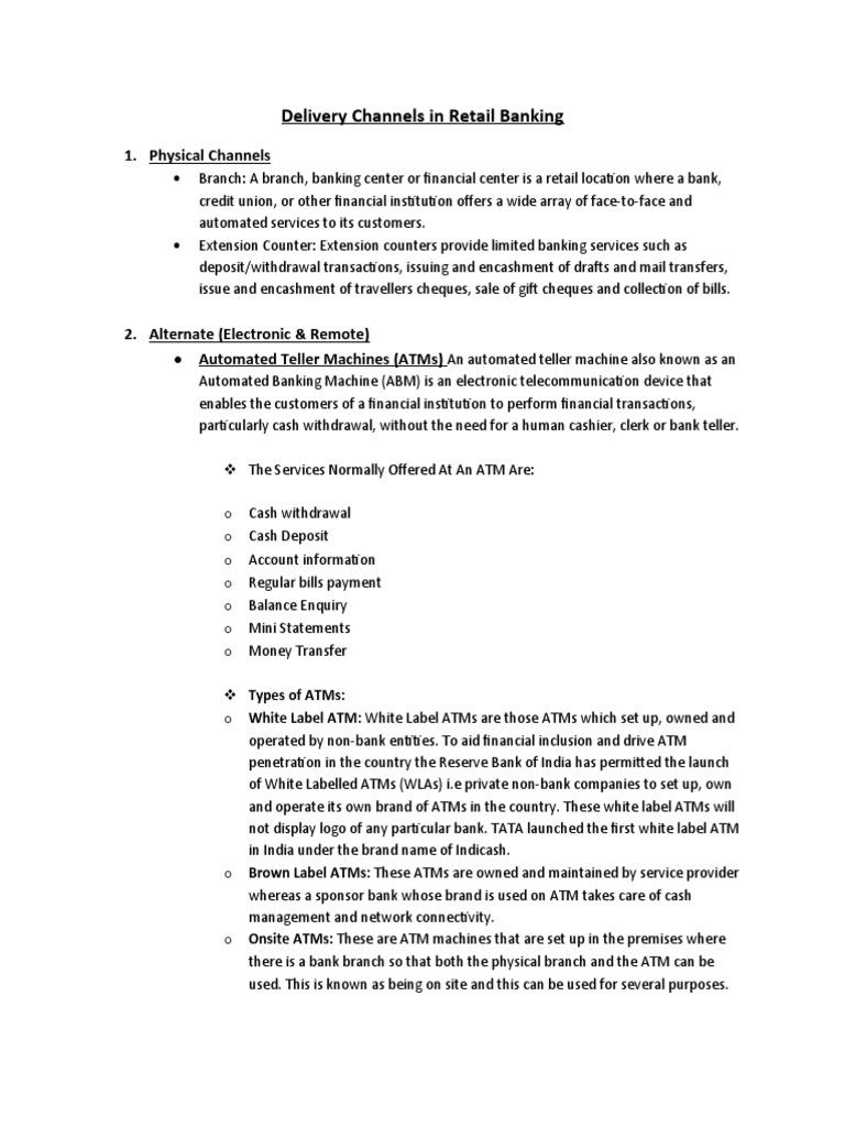 Delivery Channels in Retail Banking | PDF | Automated Teller Machine | Banks