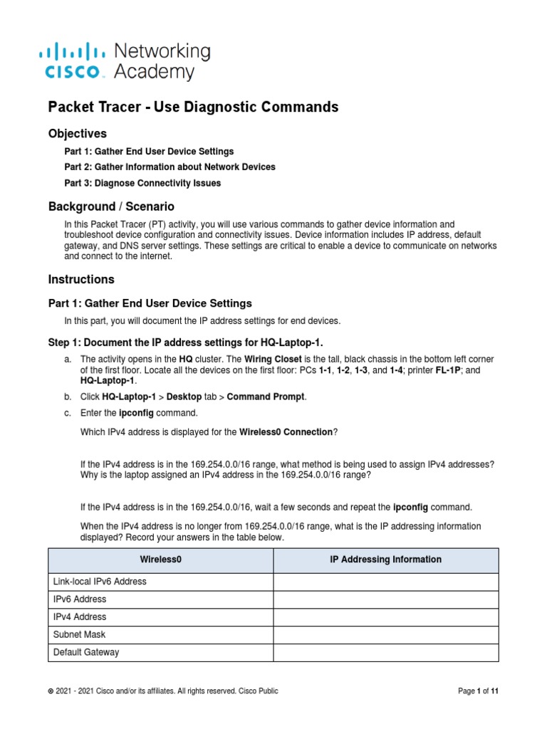 Packet Tracer - Use Diagnostic Commands | Download Free PDF | Ip Address | I Pv6