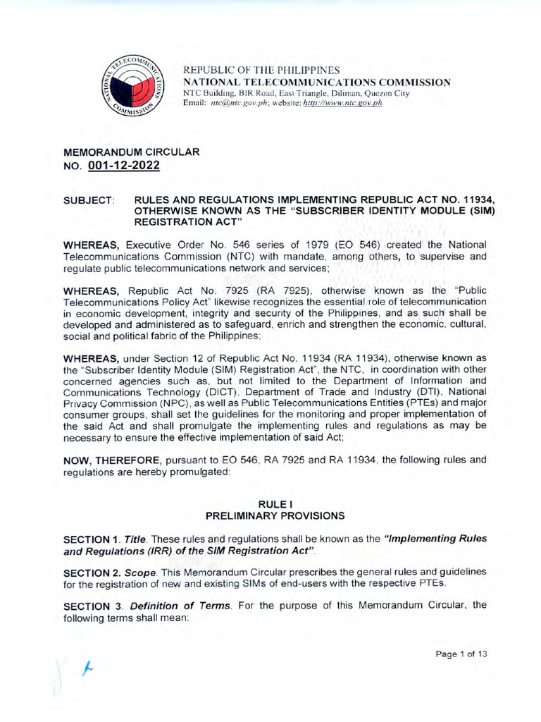 Irr of Ra 11934 Sim Registration Act | PDF