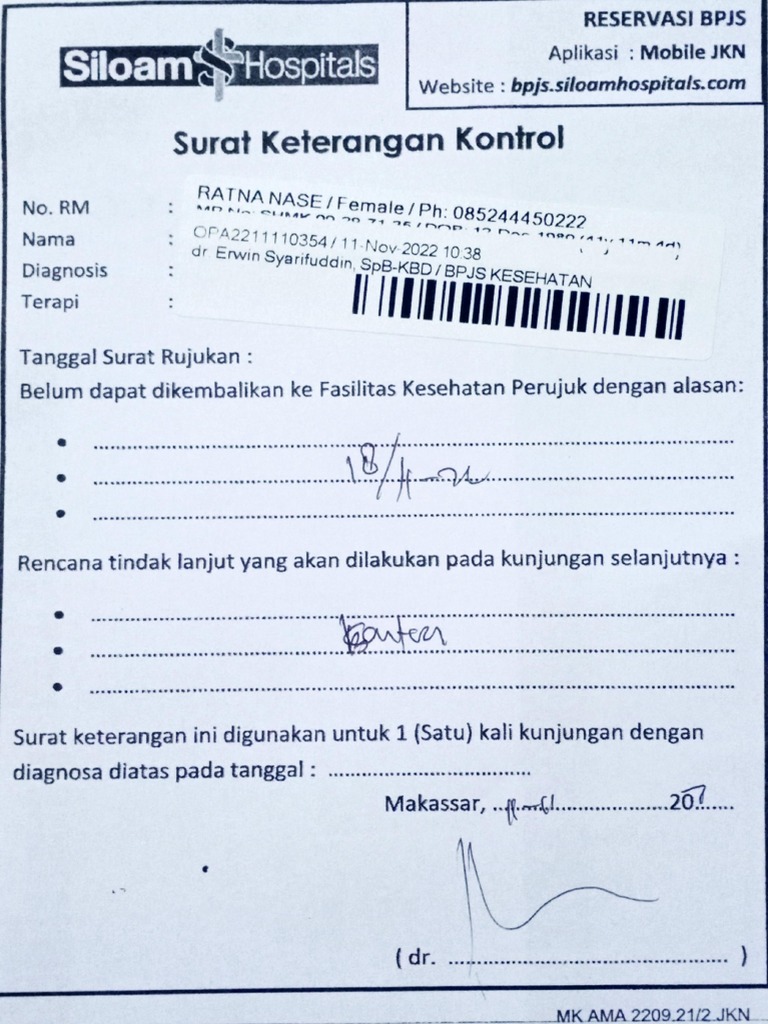 Surat Kontrol Ratna Rs Siloam | PDF