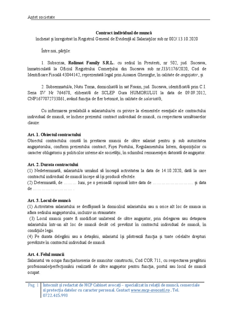 Model Contract Individual de Munca | PDF