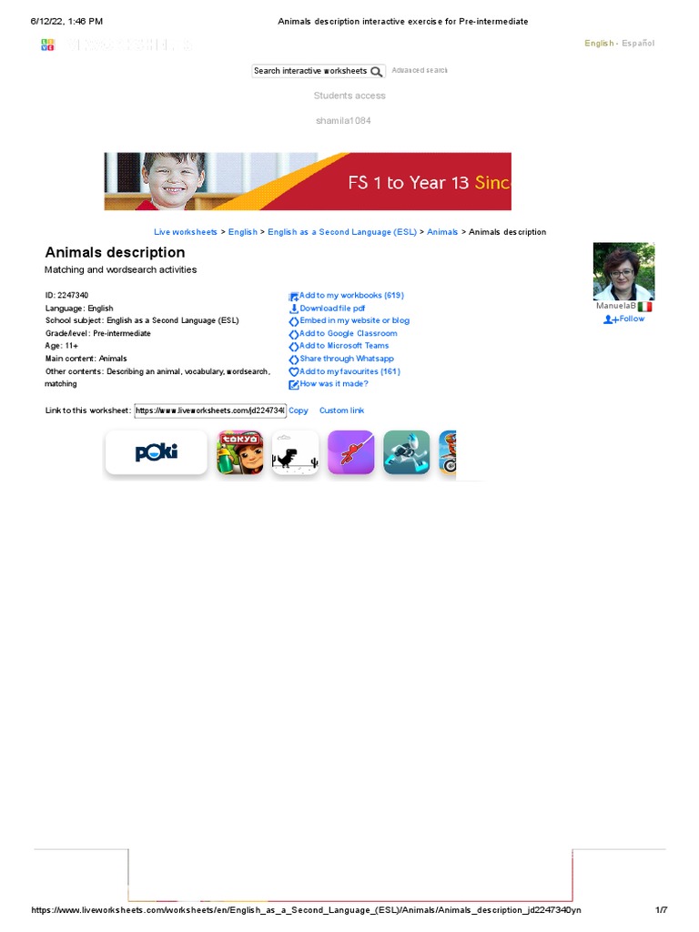 Animals Description Interactive Exercise For Pre-Intermediate | PDF | English As A Second Or ...