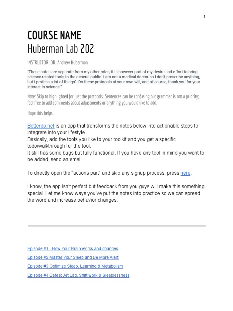 Huberman Lab Notes | PDF | Sleep | Rapid Eye Movement Sleep