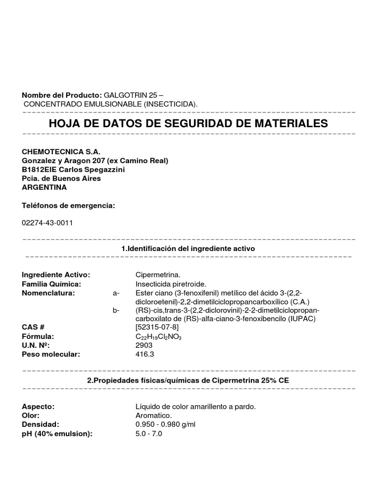 Galgotrin MSDS-cipermetrina | PDF | Agua | Química