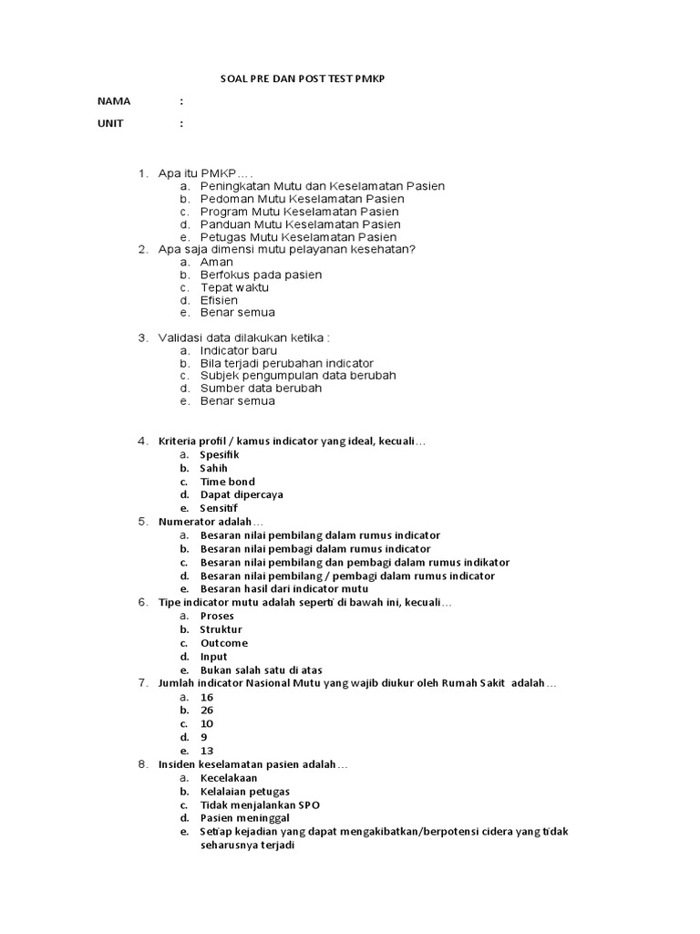 Soal Pre Dan Post Test PMKP | PDF