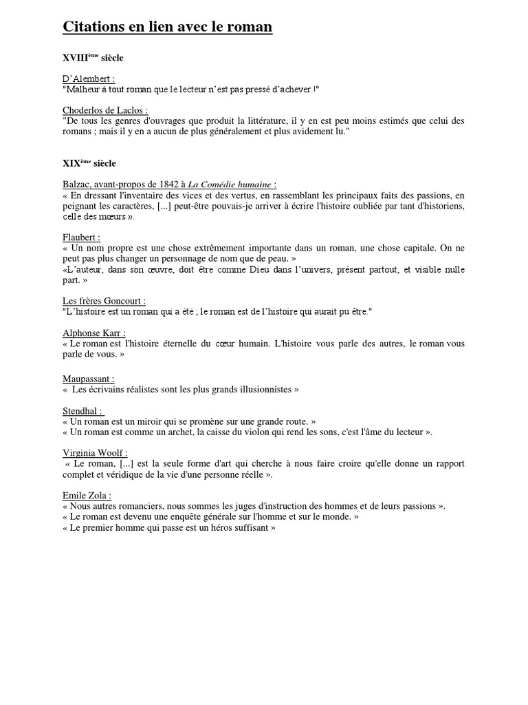 Citations sur le roman et son impact | PDF | Romans | La Comédie humaine