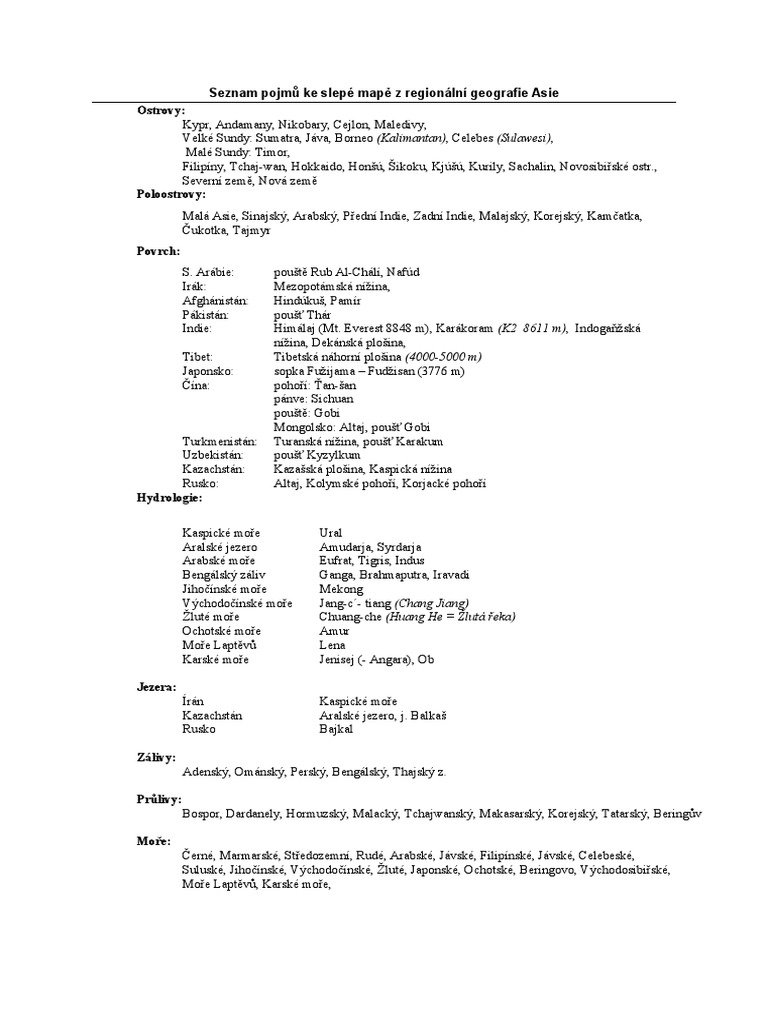 Seznam Pojmů Ke Slepé Mapě Asie | PDF