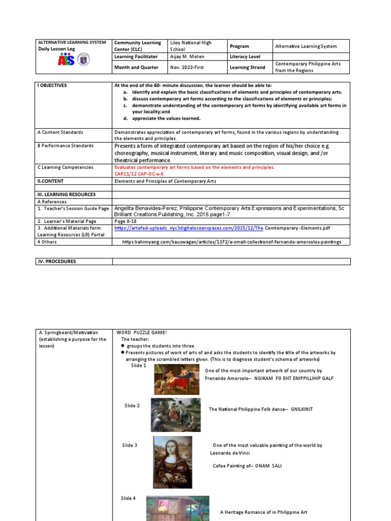 Lesson Plan Elements Contemporay Arts | PDF | Learning | Teachers