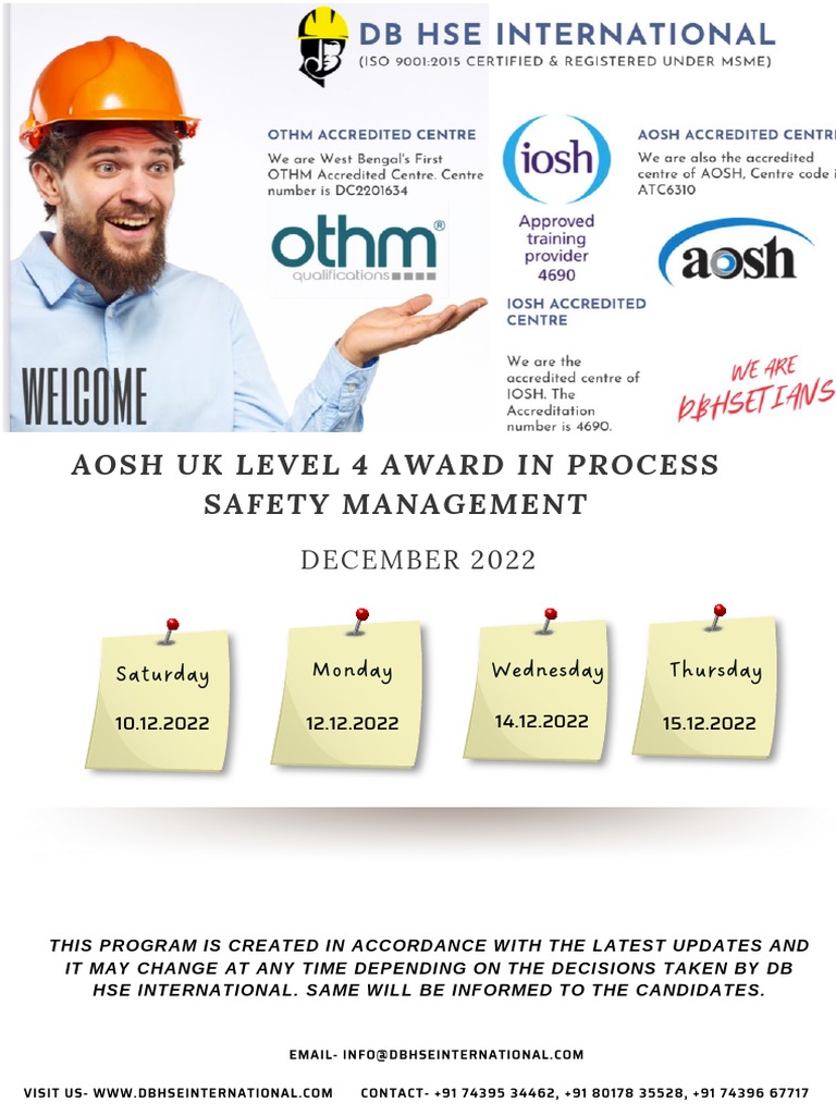 AOSH UK Level 4 Award in Process Safety Management Schedule | PDF