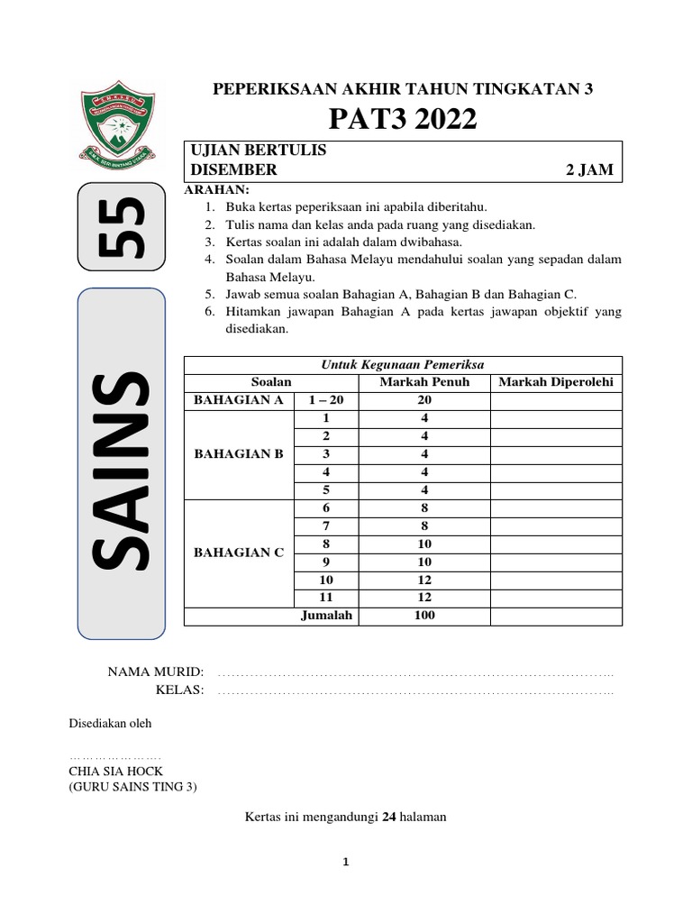 Soalan Akhir Tahun Sains T3 (Skema Jawapan) | PDF