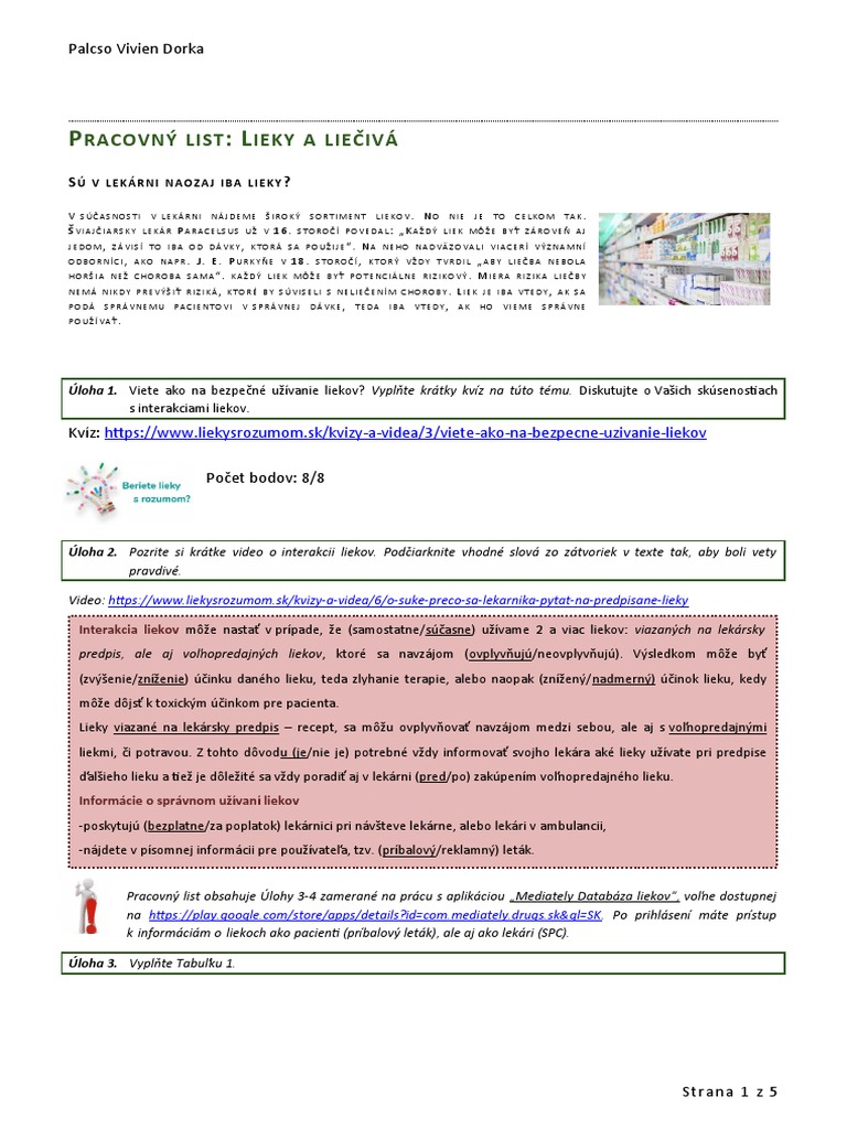 CHESS 83 Pracovny List Lieky A Lieciva Palcso Dorka | PDF