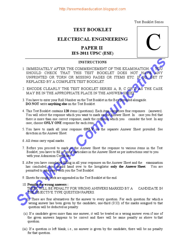 Media Communications Test Booklet Electrical Engineering Paper Ii