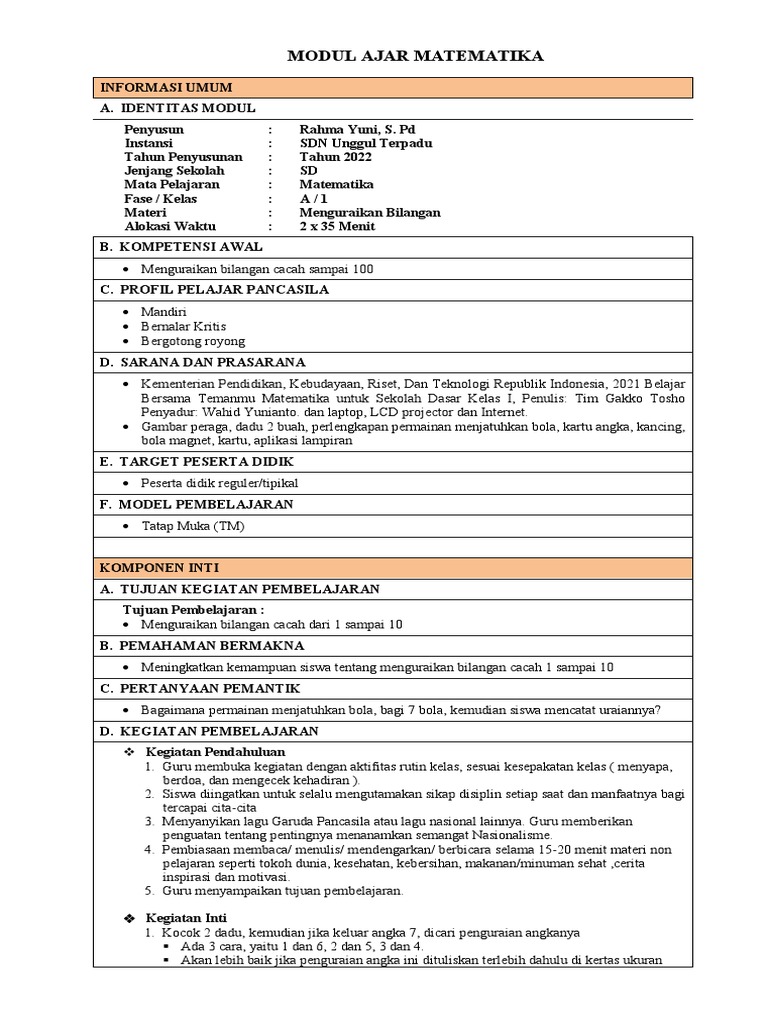 Contoh Modul Ajar MTK TP 9 | PDF