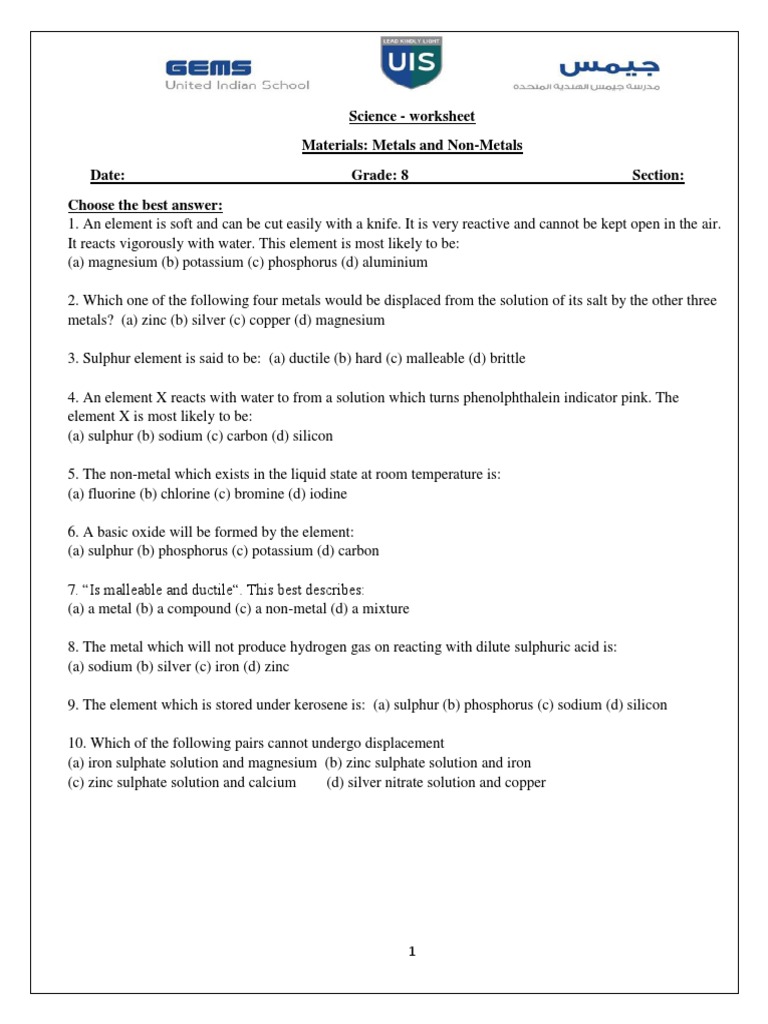 Worksheet - 1 - Metals and Non Metals | PDF | Oxide | Metals