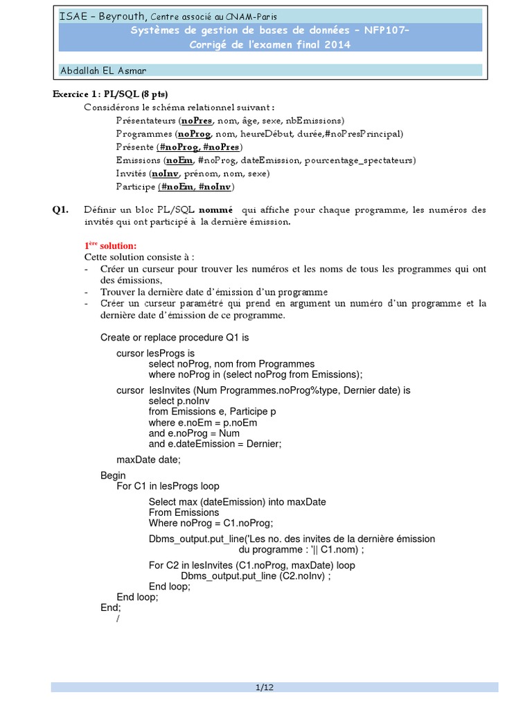 Examen Corrige SGBD nfp107 2014 | PDF | SQL | Logiciel