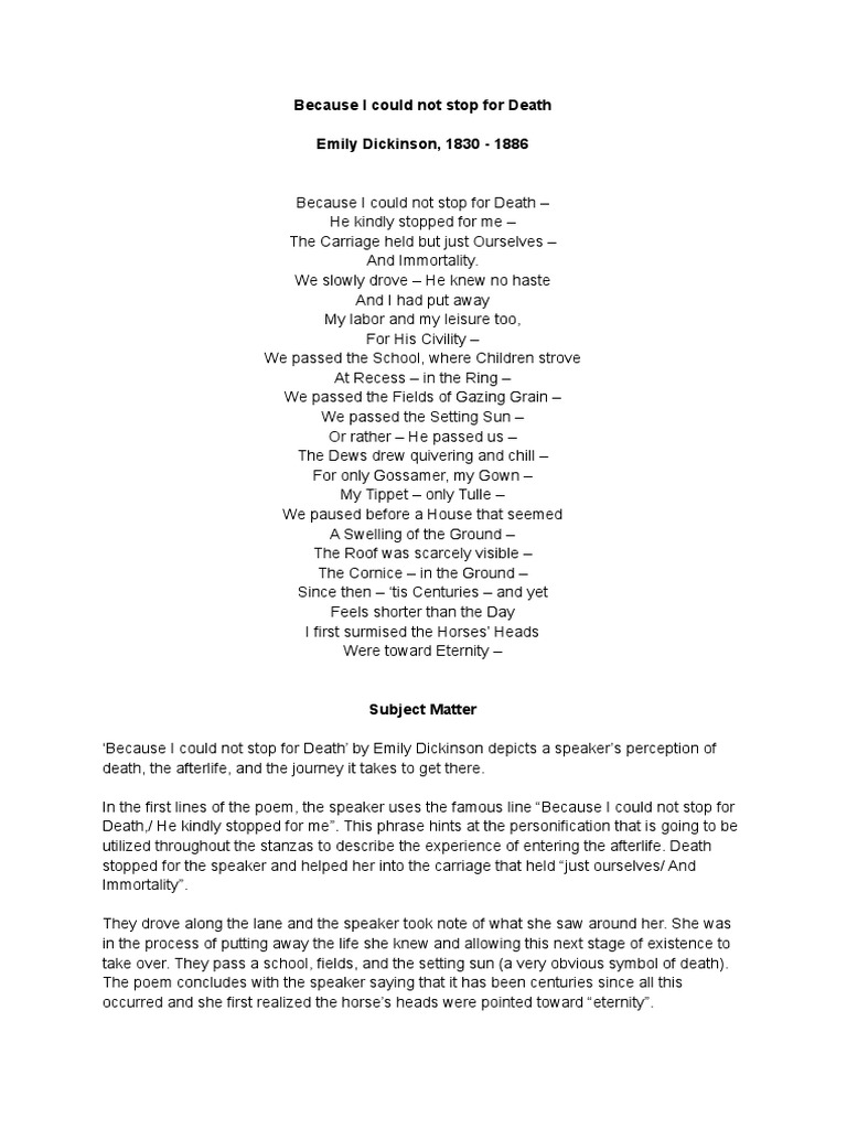 Analysis of Dickinson's "Because I Could Not Stop for Death" | PDF ...