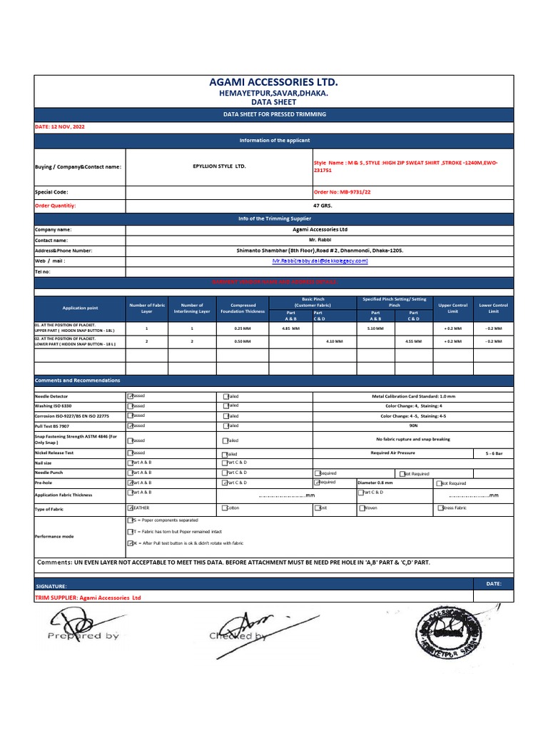 Nickel Release Test Data Sheet | PDF | Materials | Clothing