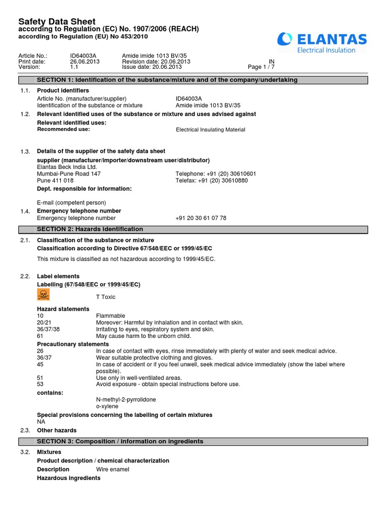 Amide Imide 1013 BV/35 SDS | PDF | Dangerous Goods | Water