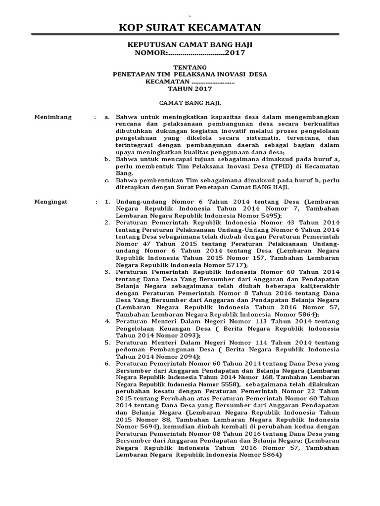 SK Camat Tentang TPID - 2017 | PDF