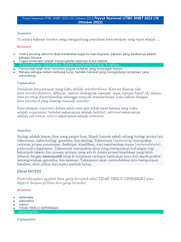 Tryout Nasional UTBK SNBT 2023 | PDF