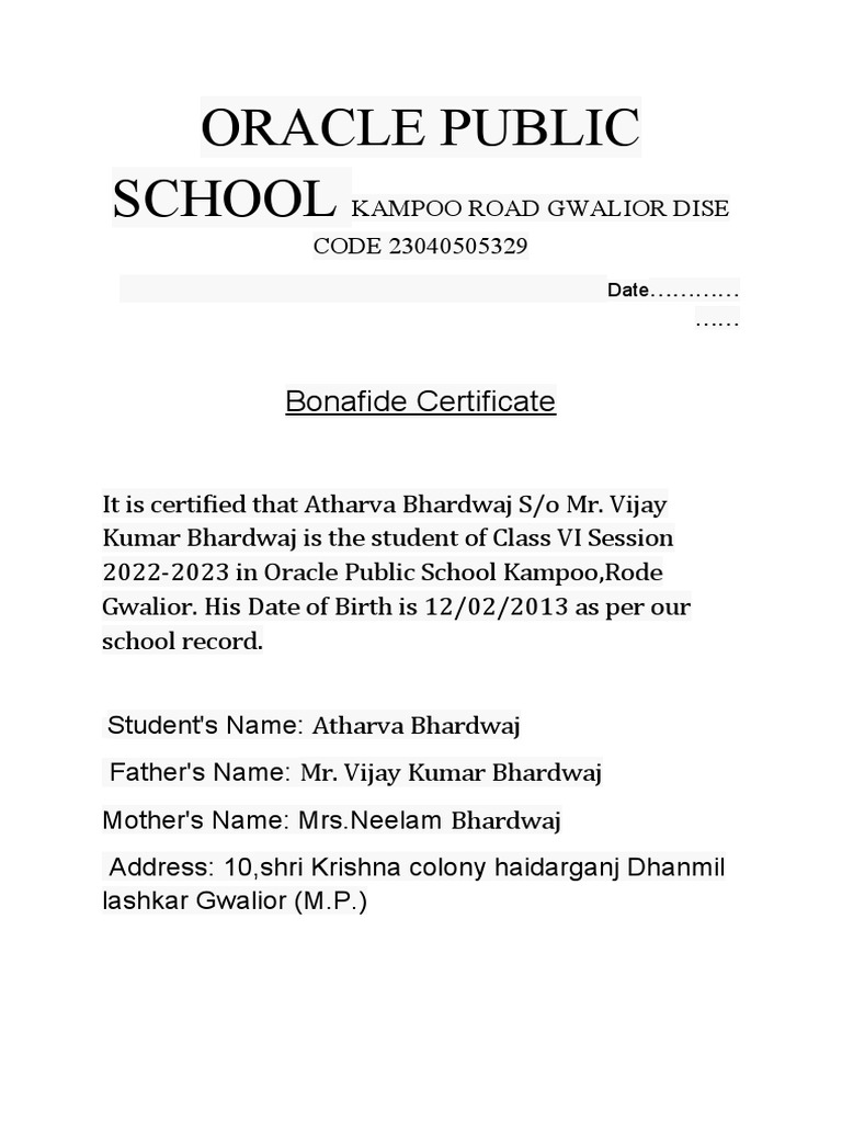 Oracle Public School Kampoo Road Gwalior Dise Code 23040505329 | PDF