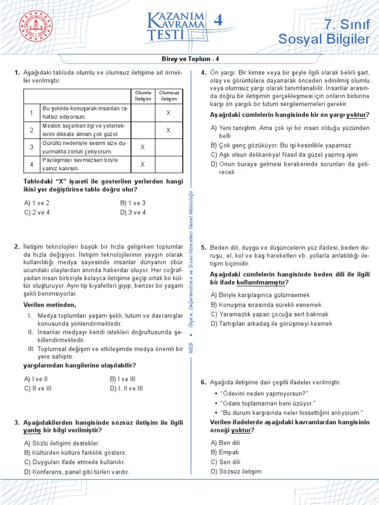 Sınıf Sosyal Bilgiler Sosyal Bilgiler: Birey Ve Toplum - 4 | PDF