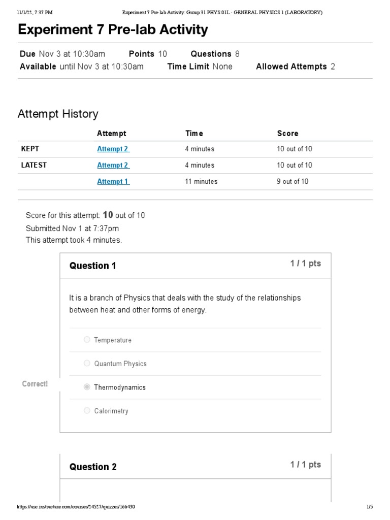 Experiment 7 Pre Lab Activity - Group 31 PHYS 01L GENERAL PHYSICS 1 LABORATORY | PDF | Heat ...