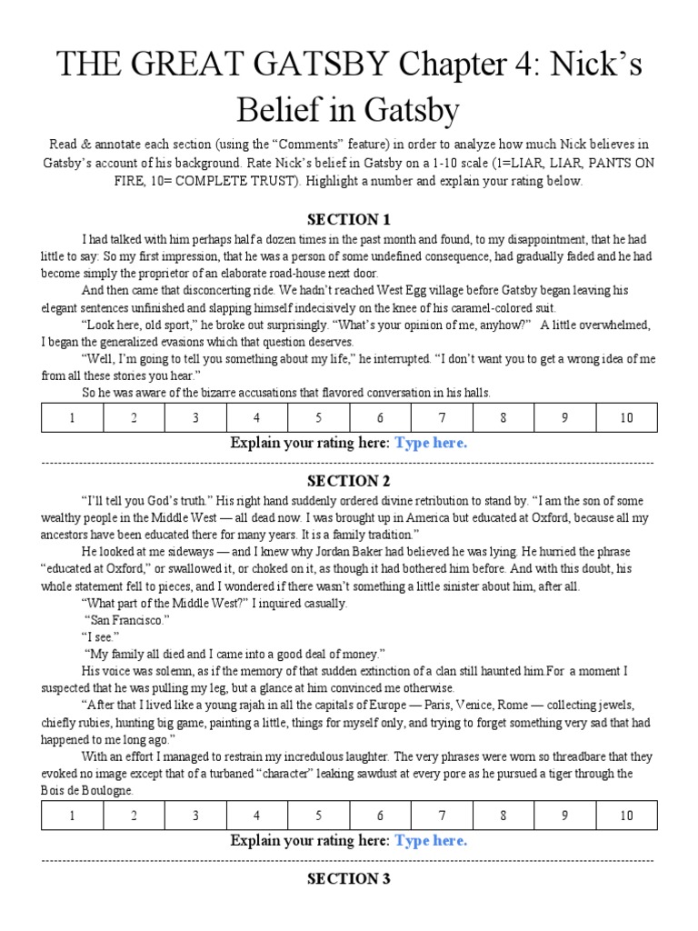 GATSBY Ch. 4 - Nick's Belief in Gatsby | PDF | Montenegro | The Great ...