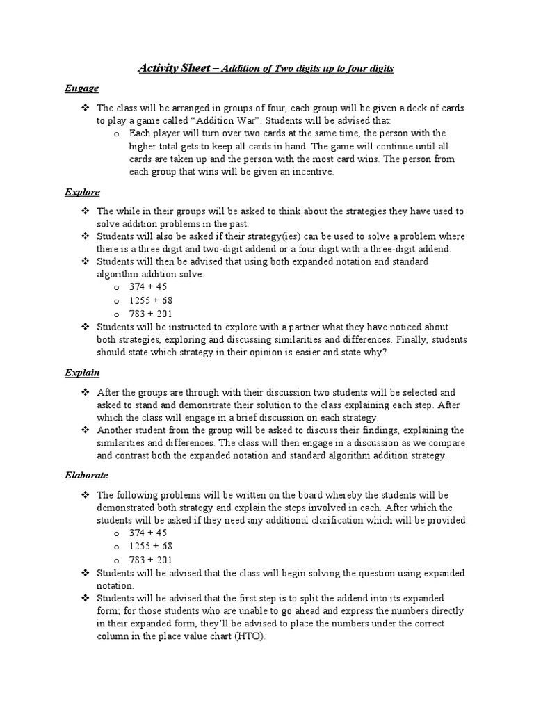 Activity On Addition Of 3 And 4 Digit Numbers PDF Applied