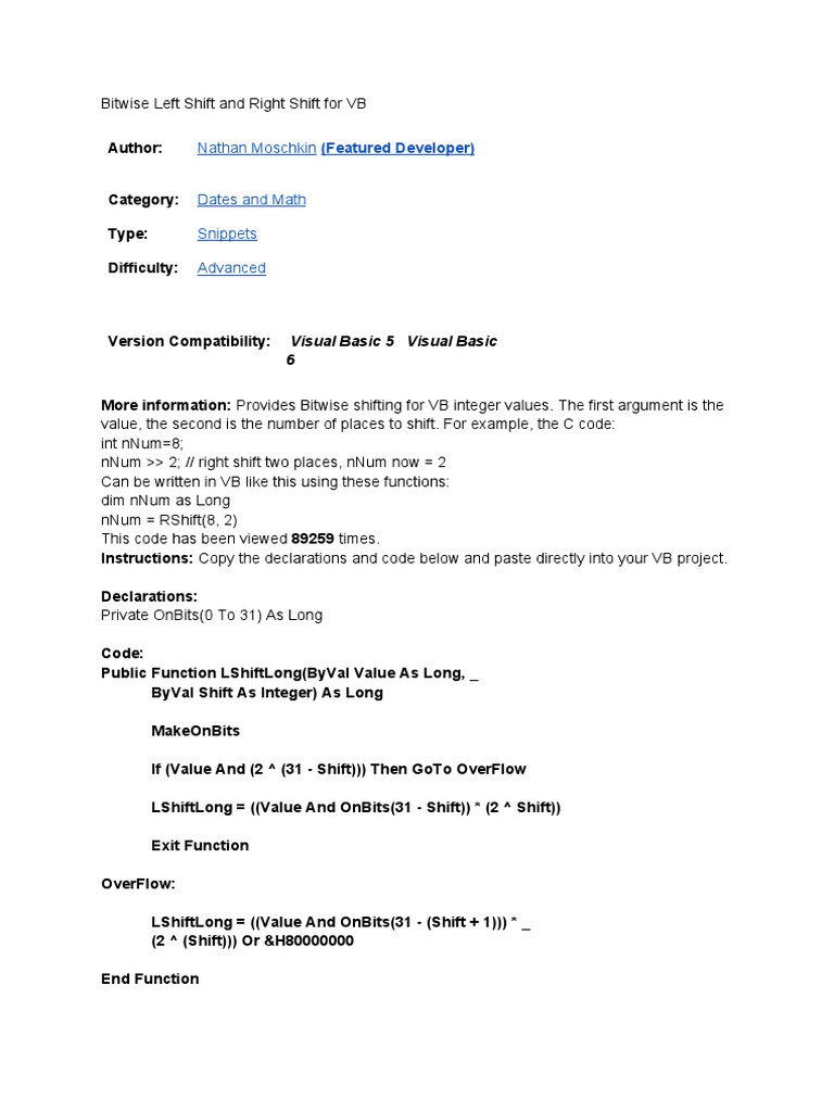 Bitwise Left Shift and Right Shift For VB | PDF